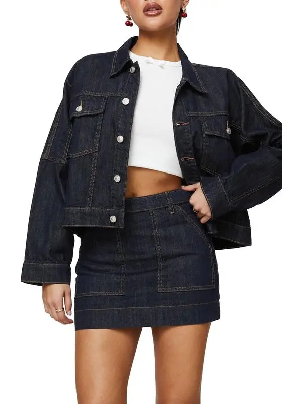 Princess Polly Hughes Boxy Crop Denim Jacket - Dark Blue