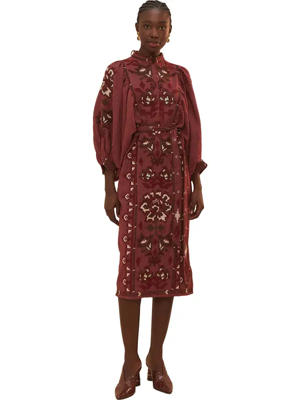 Farm Rio Toucans Scarf Cross Stitch Embroidered Midi Dress - Burgundy