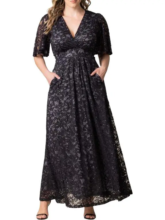 KIYONNA Luminous Sequin Lace A-line Gown - Storm Grey