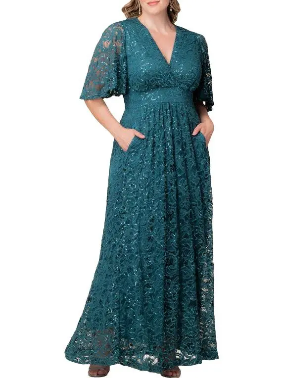 KIYONNA Luminous Sequin Lace A-line Gown - Teal Topaz