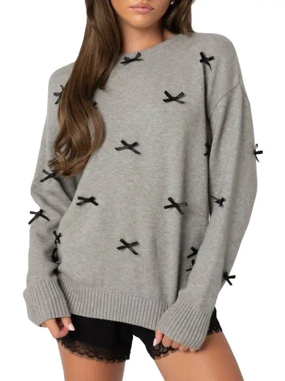 EDIKTED Bow Oversized Sweater - Gray-melange