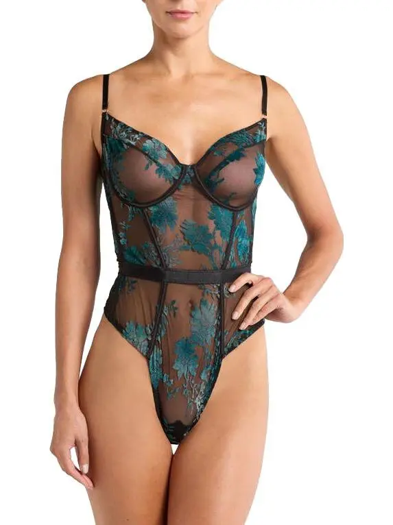 KILO BRAVA Floral Appliqué Mesh Underwire Bodysuit - Black Emerald