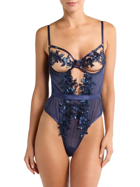 KILO BRAVA Sequin Floral Appliqué Mesh Underwire Bodysuit - Midnight Blue