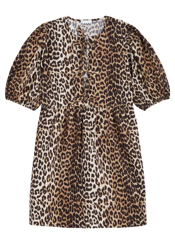 GANNI Printed Cotton-poplin Mini Dress - Leopard