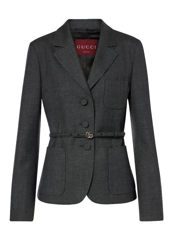 Gucci Double G Belted Wool Blazer - Grey