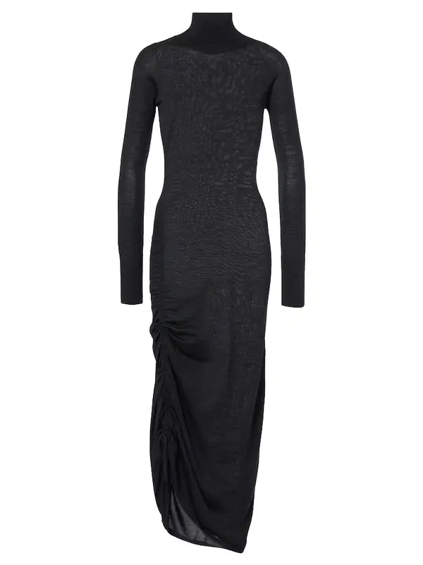 Alaïa Draped Wool Turtleneck Dress - Black