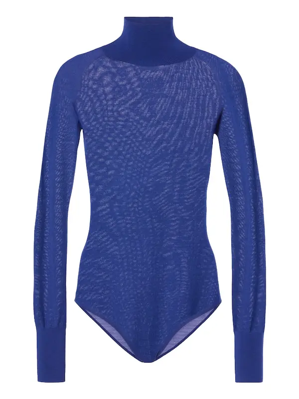 Alaïa Sheer Turtleneck Wool Bodysuit - Blue