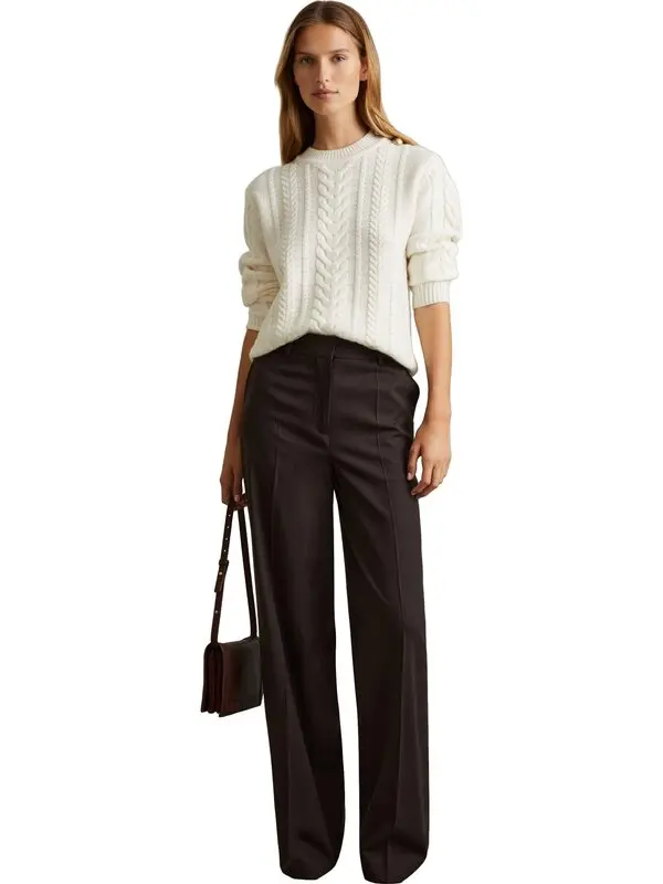 REISS Evelyn Wool Blend Wide Leg Trousers - Chocolate