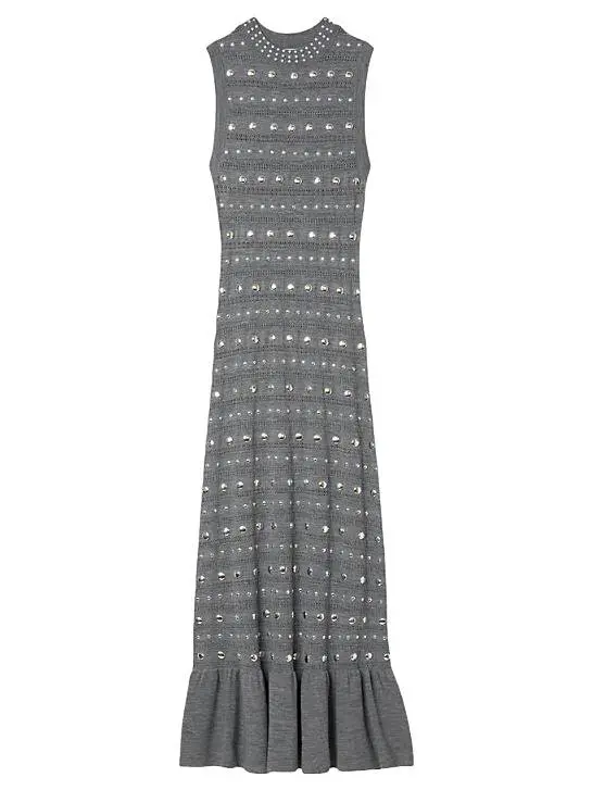 Sandro Studded Ruffled-hem Stretch Pointelle-knit Maxi Dress - Grey