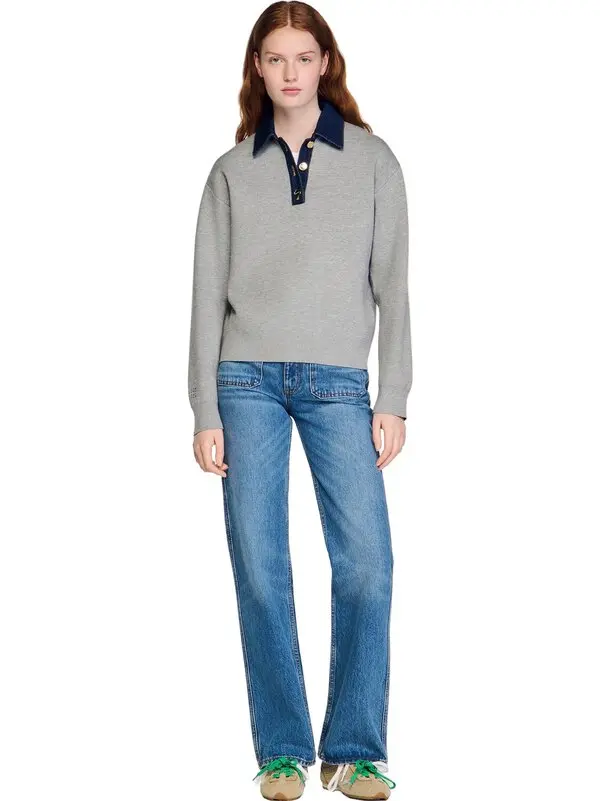 Sandro Knit Sweater With Denim Collar - Grey