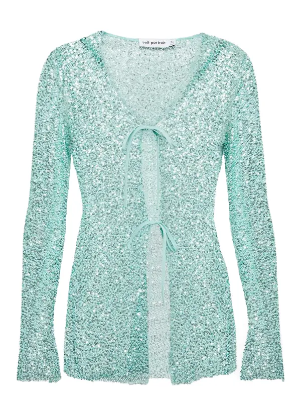 SELF-PORTRAIT Beaded Tie-front Cardigan - Blue