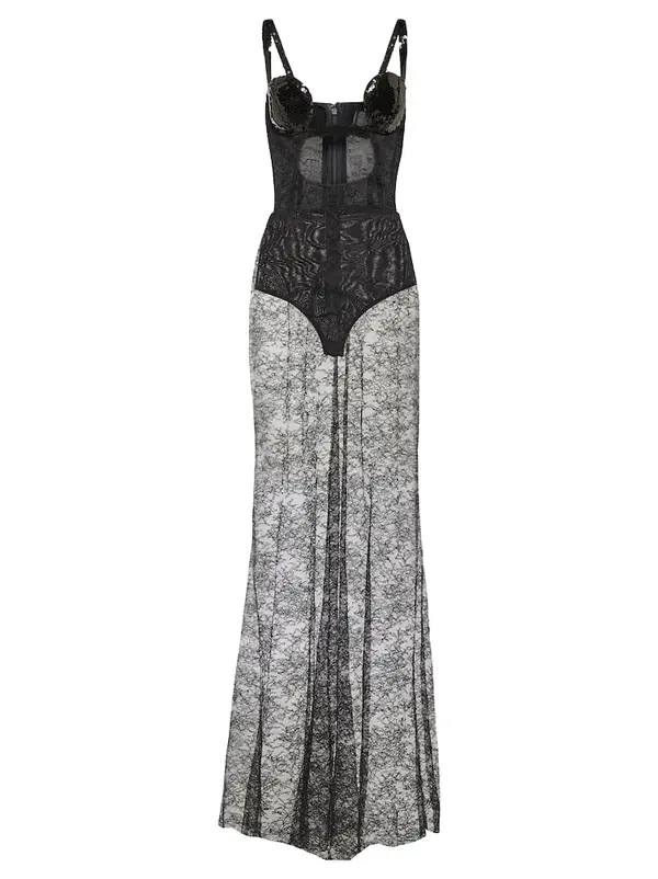 NENSI DOJAKA Cutout Sequined Lace-trimmed Gown - Black