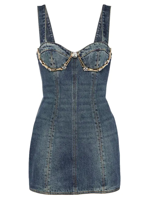 AREA Claw Embellished Denim Mini Dress - Blue