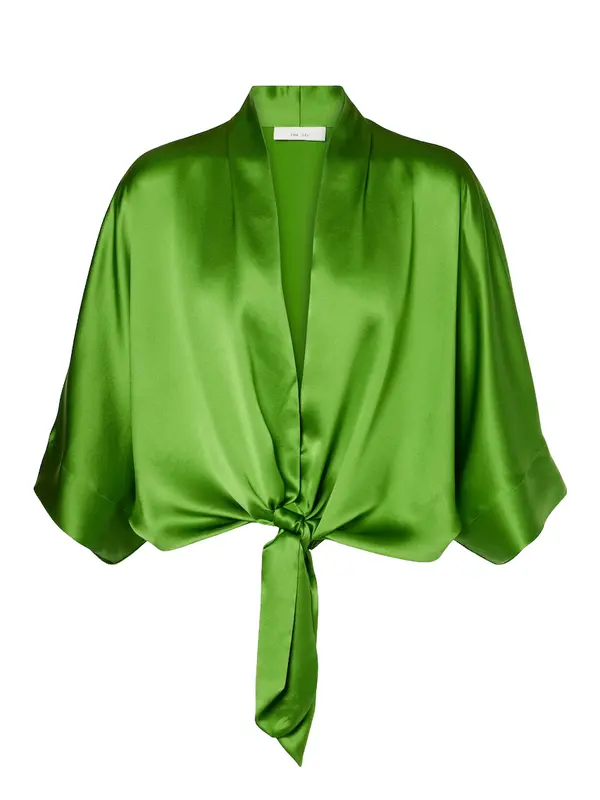 THE SEI Cropped Silk Satin Blouse - Green