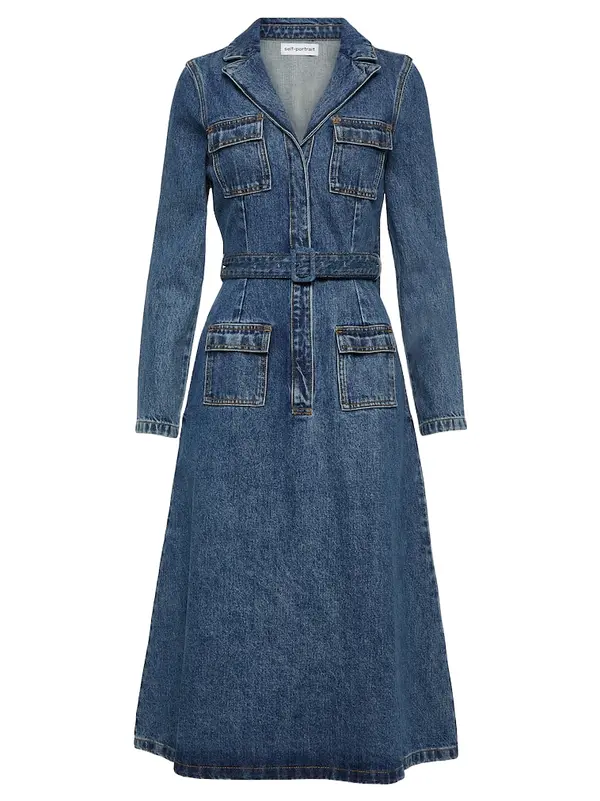 SELF-PORTRAIT Belted Denim Midi Dress - Blue