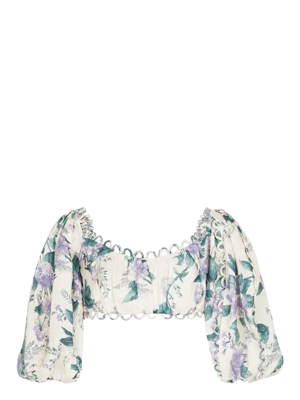 Zimmermann Cassia Floral Linen Crop Top - Blue
