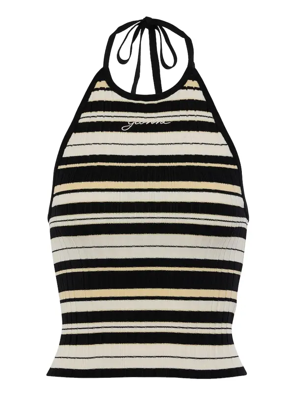 GANNI Logo Ribbed-knit Halterneck Top - Multicoloured