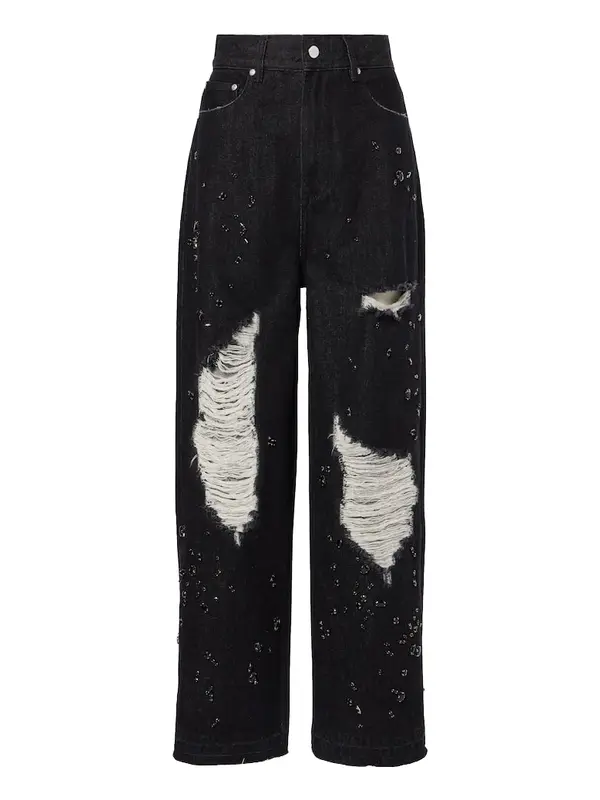 XU ZHI Embellished Distressed Wide-leg Jeans - Black