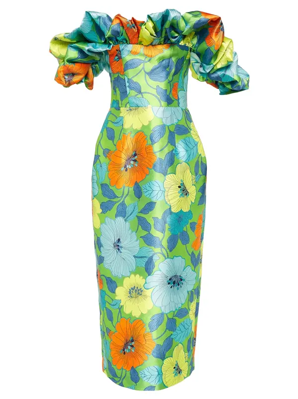 ALEMAIS Floral Ruffled Satin Midi Dress - Multicoloured