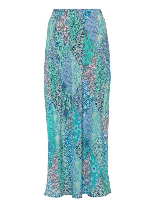 Rixo Ardith Patchwork Silk Midi Skirt - Blue