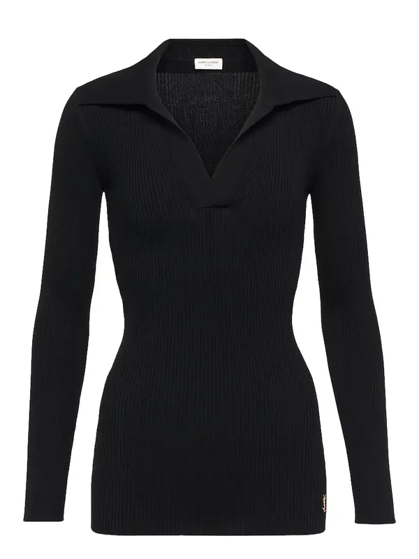 Saint Laurent Ribbed-knit Polo Sweater - Black