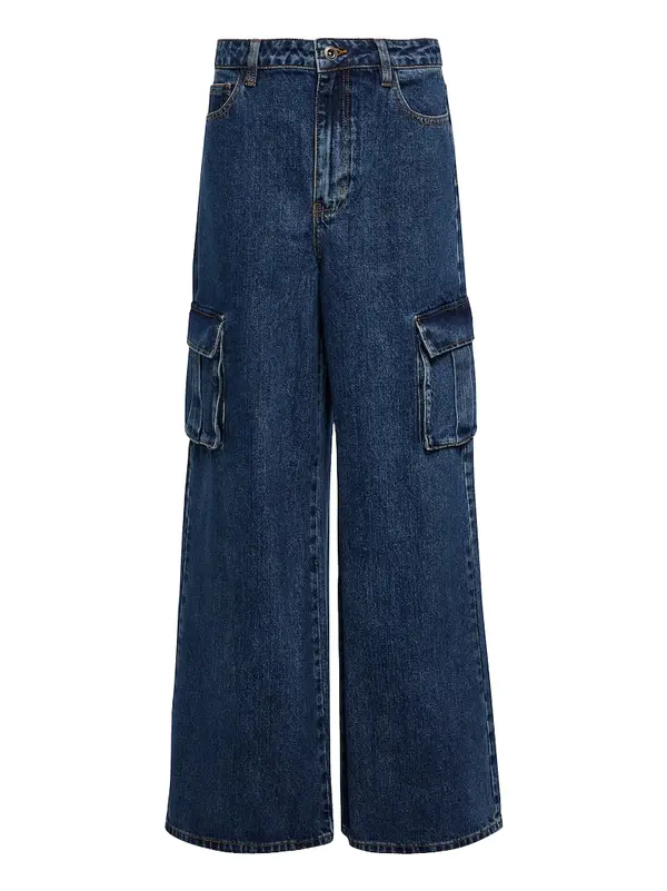 SELF-PORTRAIT Mid-rise Wide-leg Denim Cargo Pants - Blue