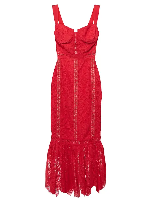 SELF-PORTRAIT Floral Lace Midi Dress - Red