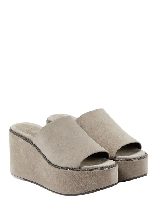 Brunello Cucinelli Suede Platform Slides - Grey