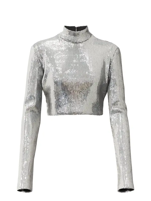 David Koma Sequined Mock Neck Crop Top - Silver