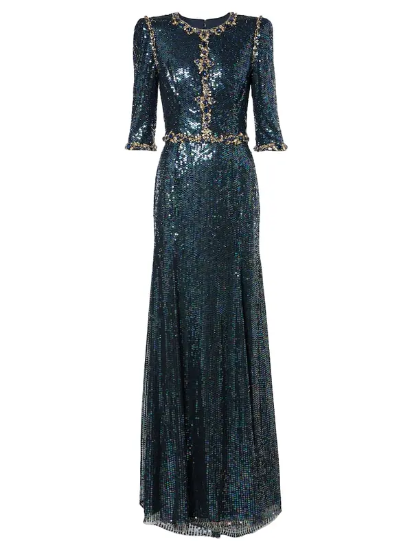 Jenny Packham Embellished Sequined Gown - Blue