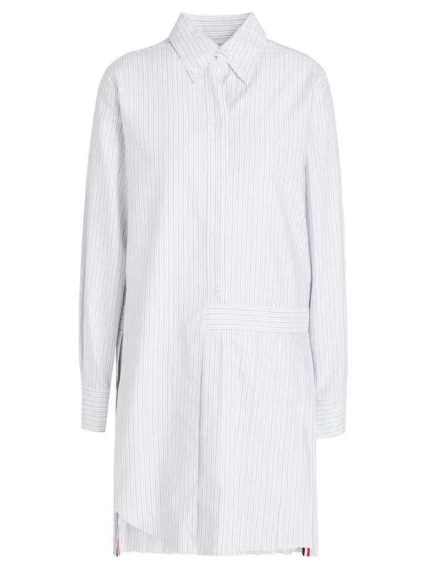 Thom Browne Asymmetric Pleated Striped Mini Shirt Dress - Light Gray