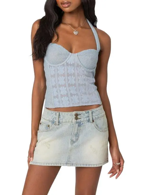 EDIKTED Mixed Lace Halter Top - Blue