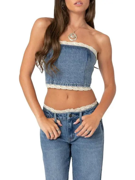 EDIKTED Karlie Lace Trim Denim Tube Top - Blue