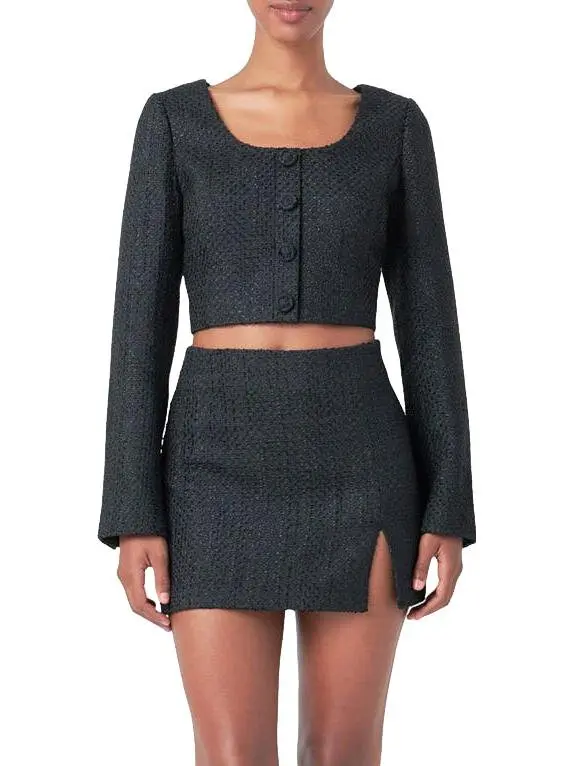 Endless Rose Long Sleeve Tweed Crop Top - Black