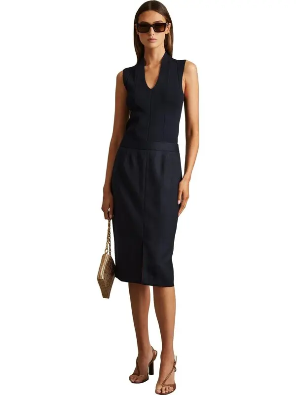 REISS Hallie Textured Pencil Midi Skirt - Navy
