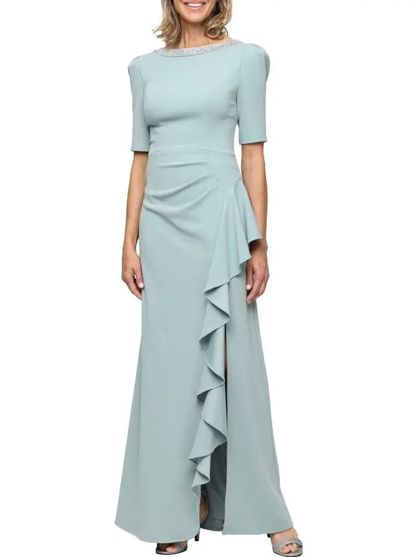 Alex Evenings Embellished Neck Ruffle Gown - Ice Sage