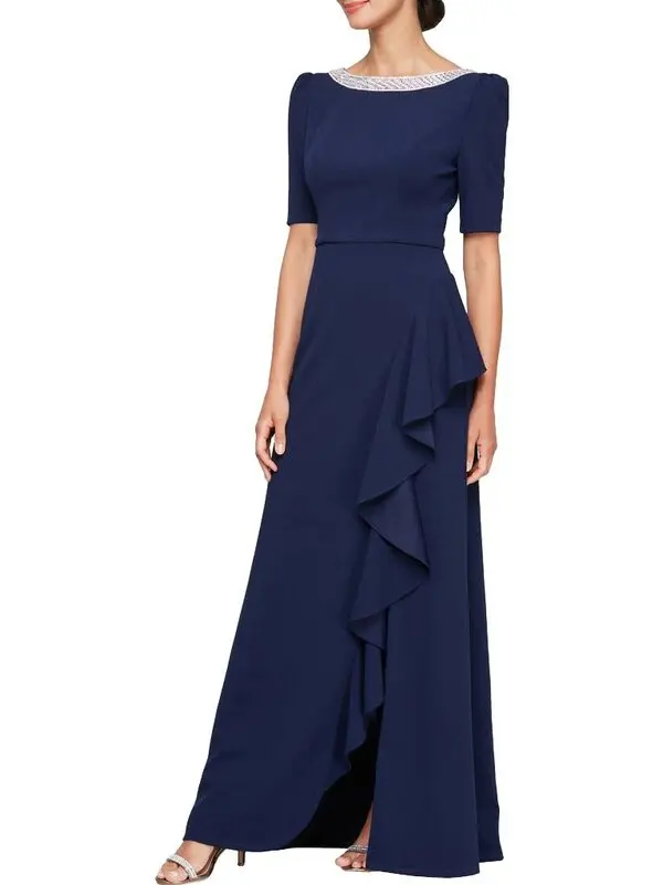 Alex Evenings Embellished Neck Ruffle Gown - Navy