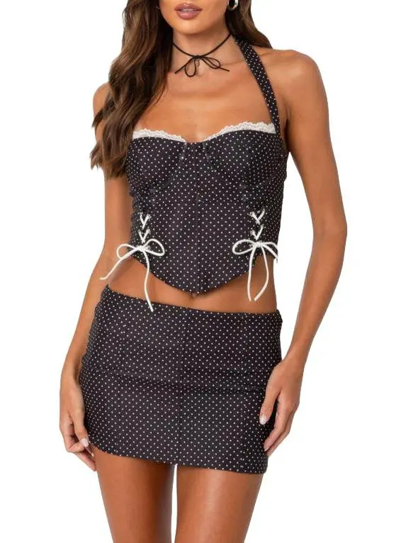 EDIKTED Laine Polka Dot Crop Halter Top - Black-and-white