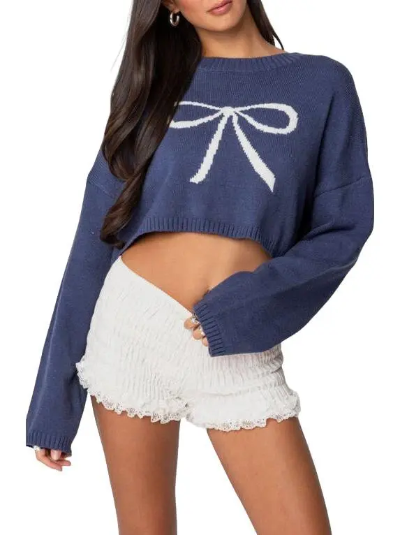 EDIKTED Bow Crop Sweater - Navy