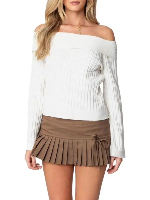 EDIKTED Ribbed Off-the-shoulder Sweater - White