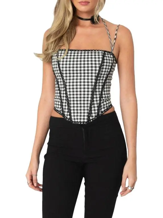 EDIKTED Gingham Lace Trim Corset Camisole - Black-and-white