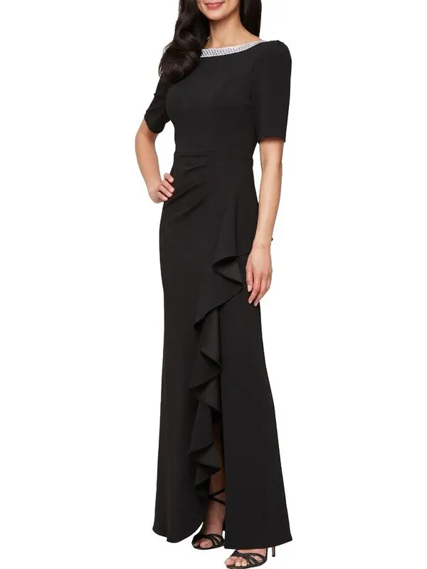 Alex Evenings Embellished Neck A-line Gown - Black