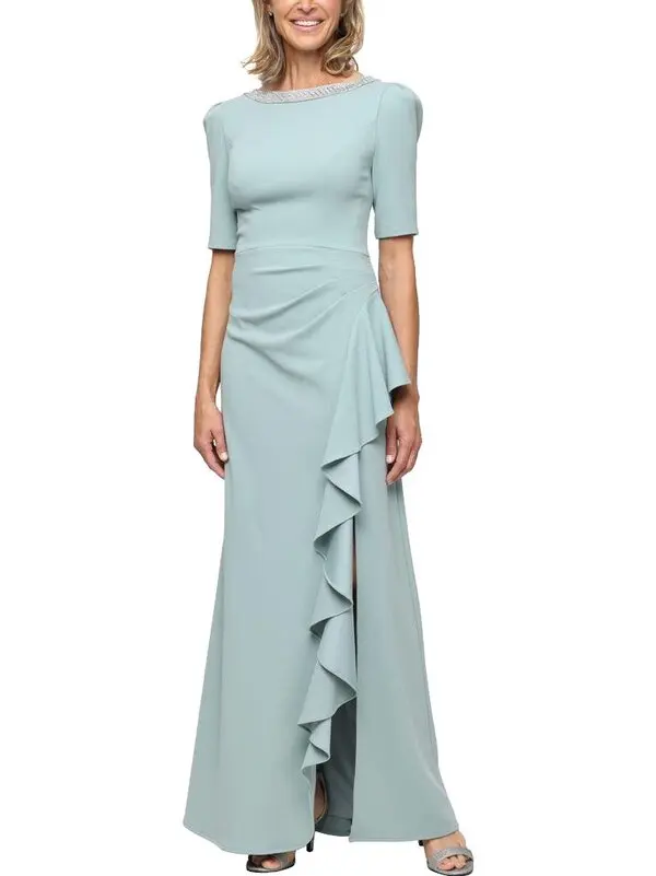 Alex Evenings Embellished Neck A-line Gown - Ice Sage