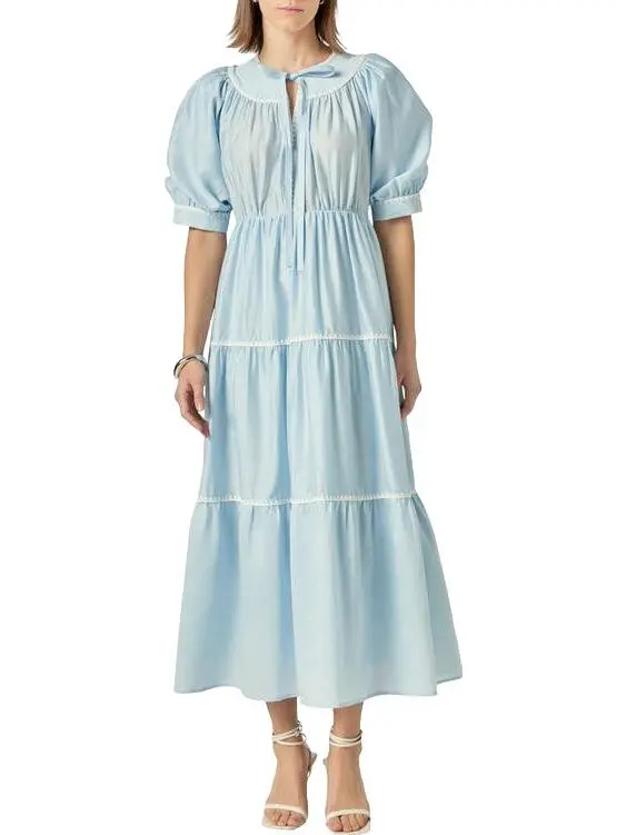 English Factory Embroidered Puff Sleeve Tiered Midi Dress - Powder Blue/ White