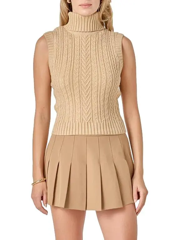 English Factory Cable Stitch Sleeveless Turtleneck Sweater - Beige