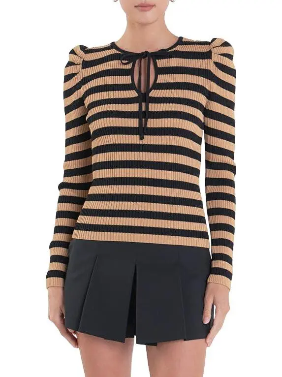 English Factory Puff Shoulder Stripe Rib Knit Top - Tan/black