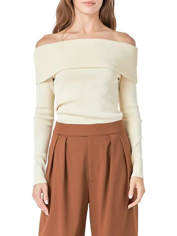 Endless Rose Folded Off-the-shoulder Rib Top - Beige