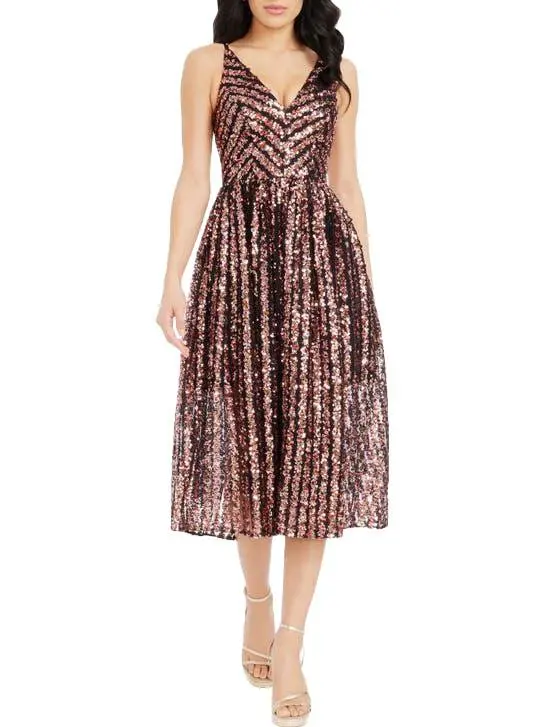 Dress The Population Haley Sequin Stripe A-line Cocktail Dress - Raspberry Multi