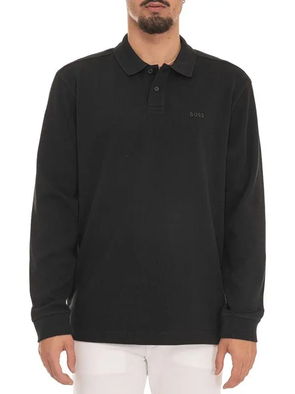 BOSS Long-sleeved Piqué Cotton Polo With Embroidered Logo - Black