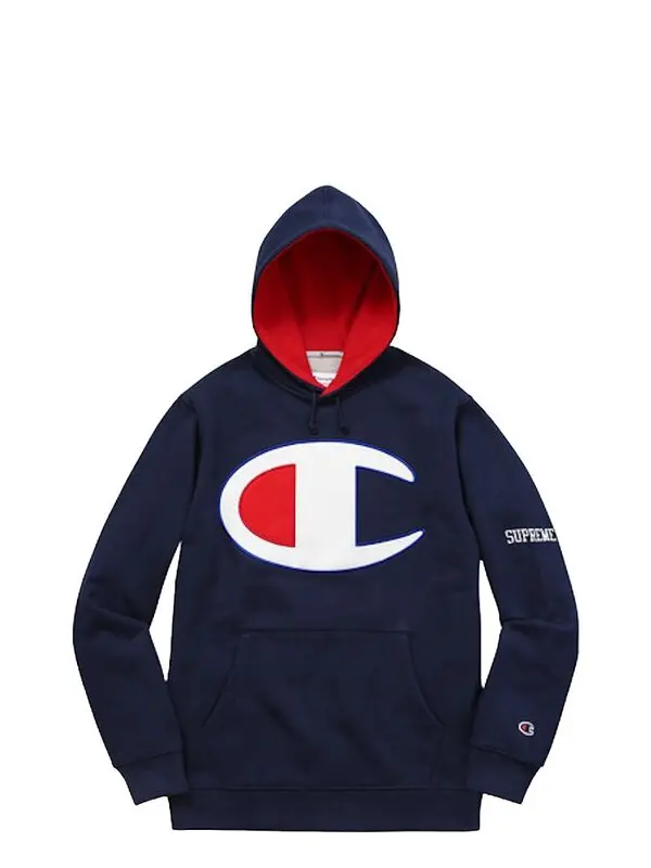 Supreme Champion Satin Logo Hooded Sweatshirt - Navy Blue